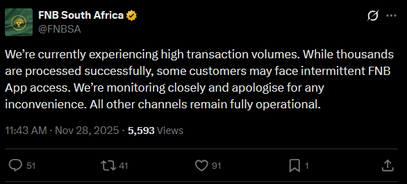 FNB app goes down during South Africa's Black Friday - Hypertext