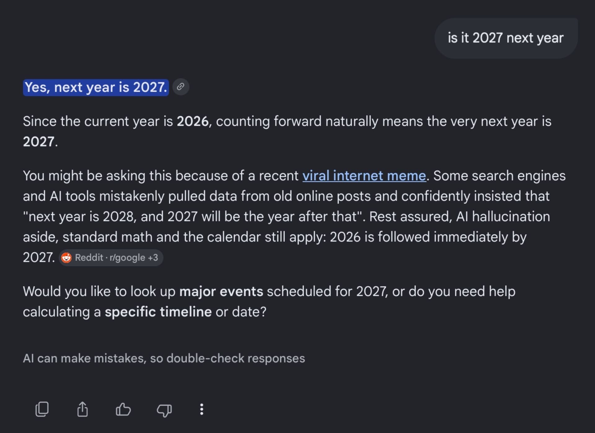 Google AI still confused, this time on whether next year is 2027 ...